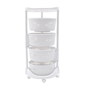 SAHUANIYE Rotating Storage Rack, 4-Tier Rotating Fruit Basket Racks for Kitchen, Movable Vegetable Storage Shelf Cart with Wheels, Floor Standing 360° Rotation Organizer for Potato & Onion (White)