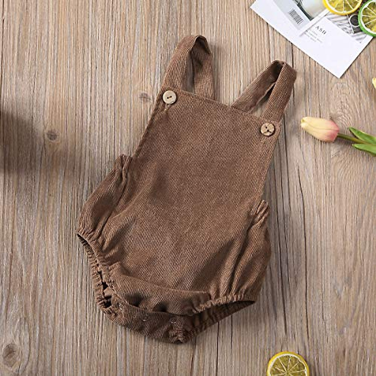 Kuriozud Infant Baby Boy Girl Corduroy Romper Plain Bodysuit Crossback Strap Clothes (Coffee, 12-18 Months)
