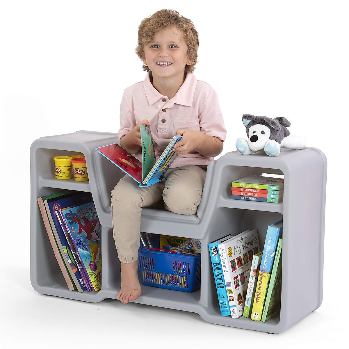 Simplay3 Cozy Cubby Book Nook – Kids Bookshelf and Storage with Built-in Reading Seat, Fully Assembled, Made in USA