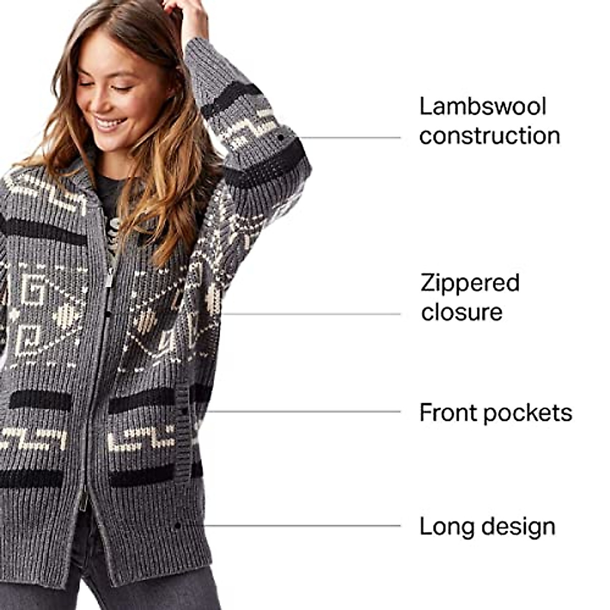 Pendleton Women's Long Westerley Cardigan, Grey/Black, XL