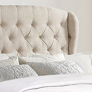 Rosevera Benicia Bed Frame,Platform Bed Frame with Signature Design Adjustable Headboard,Fabric Upholstered with Button Tufted Bed for Bedroom,Wood Slat Support,Eesy Assembly,Queen,Natural