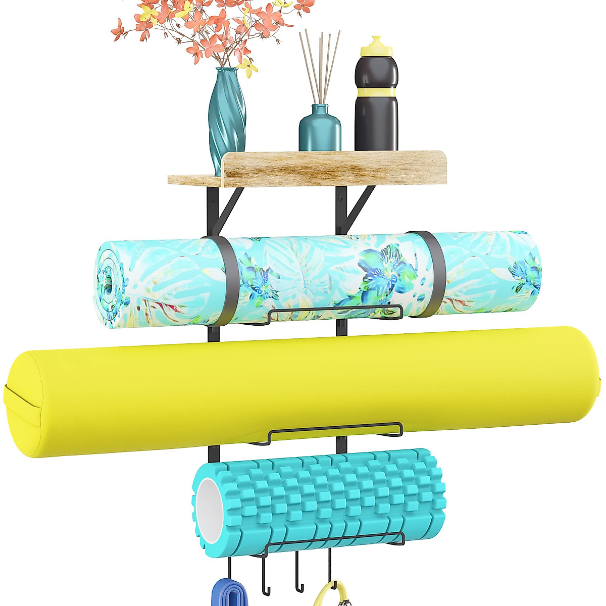 Yoga Mat Holder Wall Mount - 3 Tier Rack and 1 Wood Shelf with 4 Hooks - Ideal Storage Organizer for Home Gym Equipment and Workout Exercise Accessories and Easy to Install