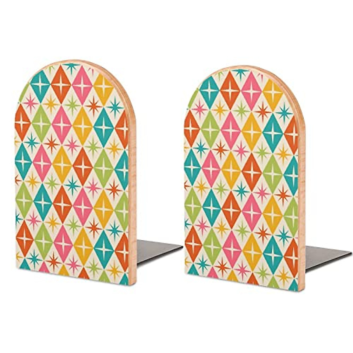 2 Pack Wood Bookends,Mid Century Starbursts On Diamond Decorative Book Ends Support for Shelves Desktop Organizer Wooden Bookshelf for Home School Office