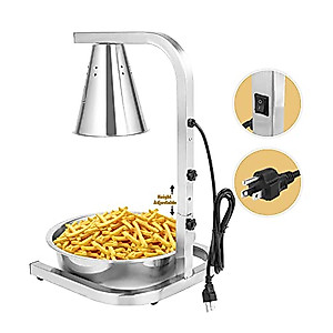 Restlrious Food Heat Lamp Freestanding Commercial Portable Food Warmer, Stainless Steel 120V Electric Food Heat Lamp with Red & Clear Bulbs and 1 Round Food Pan for Food Service, Fan-Shaped Lampshade