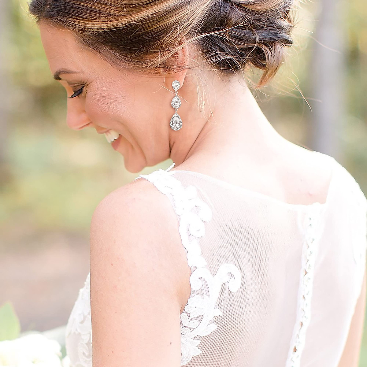 EVER FAITH Women's Cubic Zirconia Elegant Bride Bridesmaids 3 Teardrop Dangle Earrings Clear Silver-Tone