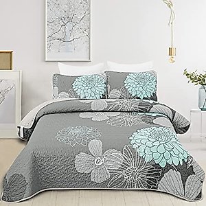 Green Floral Pattern Quilt Set California King Size - 3 Pieces Quilt Coverlet Elegant Bohemian Bedspread with 2 Pillowcases Soft Lightweight Microfiber Bedding Quilt Set for Adults (Green,106"x94")