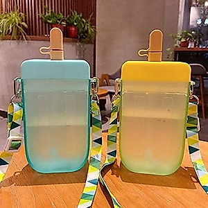 Vwey Cute Water Bottles with Straws, Creative Ice Cream Plastic Popsicle Drink Bottles, BPA Free Transparent Jug, Adjustable Shoulder Strap, for Outdoor Camping Sports Travel, 10 oz (Pink)