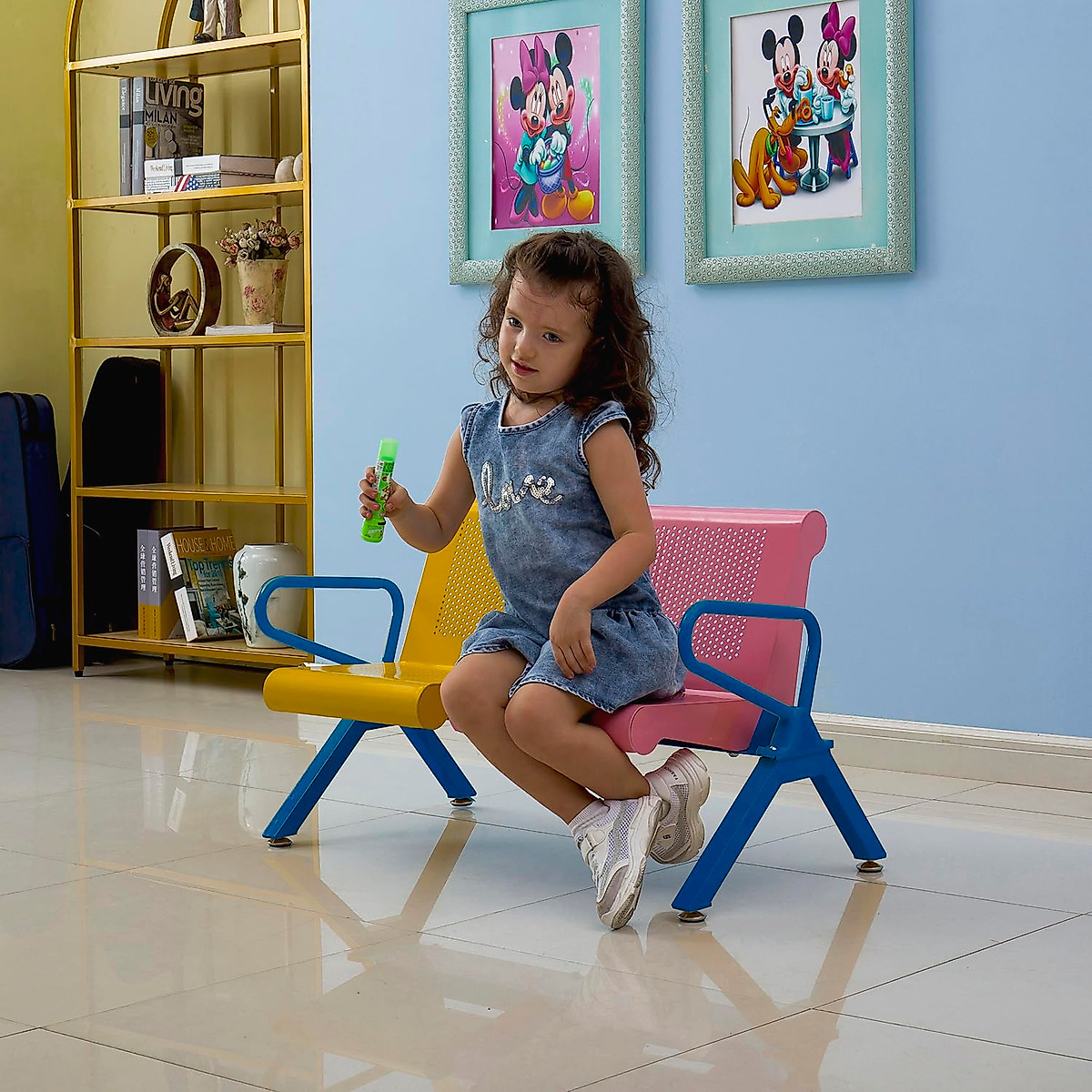 Walmokid Children Kids Chairs 2 Seat & 3 Colors Chairs with Steel Frame for Toddlers Kindergarten Home Indoor Use（Pink&Yellow&Blue）…