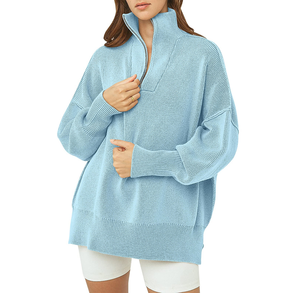 ANRABESS Women's Oversized Fashion Long Sleeve Quarter Zip Baggy Loose Slouchy Sweater Pullover Tops 2024 Fall Outfits Light Blue Medium