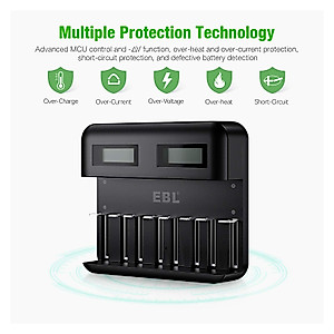 EBL LCD Rechargeable Battery Charger - 8 Bay AA AAA C D Battery Charger for Rechargeable Batteries Ni-MH AA AAA C D Batteries with 2A USB Port, Type C Input