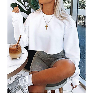 Artfish Women's Crewneck Long Sleeve Workout Casual Cropped Teen Loose Sweatshirts White M