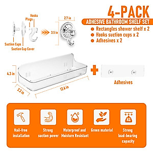 BShasrlim Acrylic Shower Shelves - Adhesive Wall Mounted Shower Organizer Clear with Soap Dish and Hooks - No Drill Adhesive Shelf for Bathroom and Kitchen Storage (Clear, Long Set of 4)