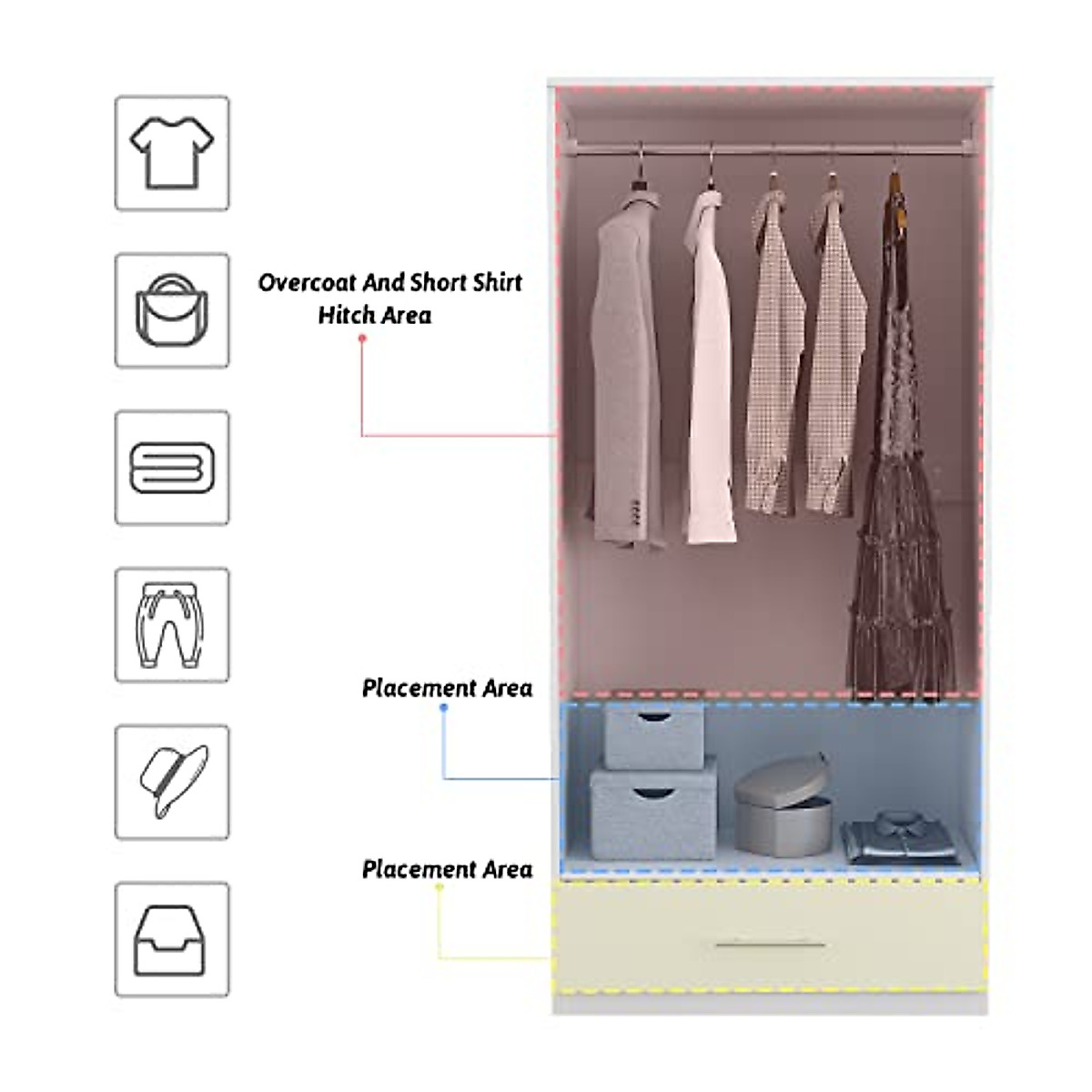 Hitow Wardrobe Armoire Closet with 2 Doors, Freestanding Wardrobe Cabinet with Drawer & Hanging Rod, Bedroom Armoire Clothes Organizer, White Type C (31.5" W x 18.9" D x 66.9" H)