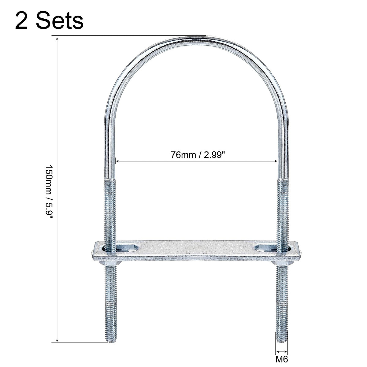 uxcell Round U-Bolts 2 Sets 2.99"(76mm) Inner Width 150mm Length Steel M6 with Nut, Plate, Washer