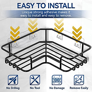 YASONIC Corner Shower Caddy Adhesive, 3 Packs Shower Organizer with Soap Holder and 12 Hooks, Rustproof Corner Shower Shelves, No Drilling Shower Shelf for Inside Shower (Bright Black)