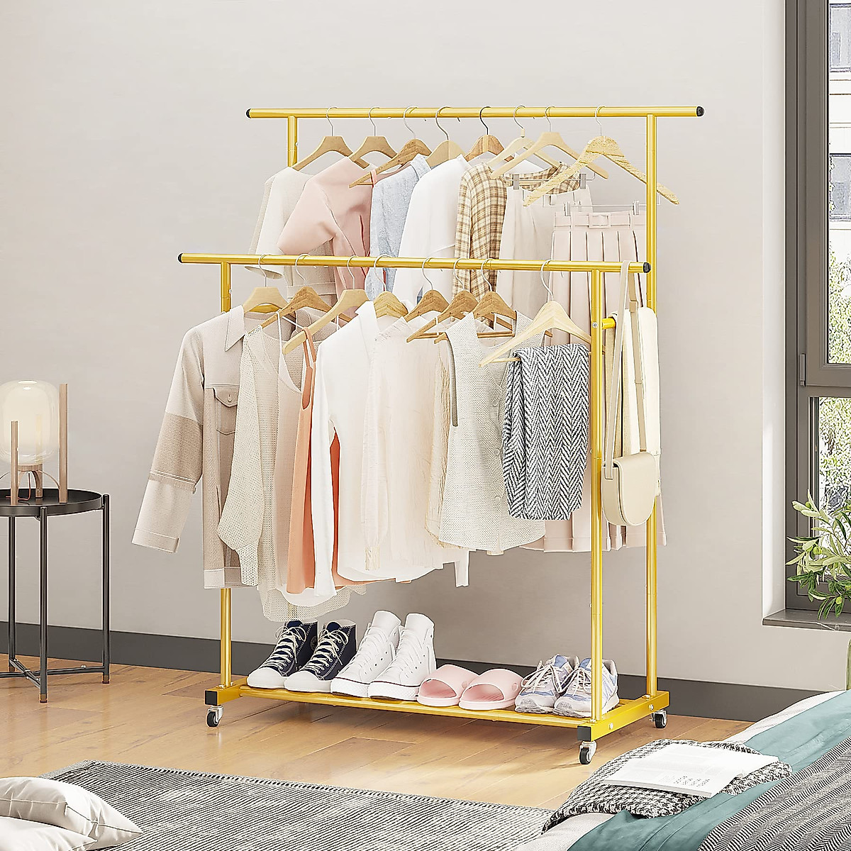 Calmootey Double Rod Clothing Garment Rack,Rolling Hanging Clothes Rack,Portable Clothes Organizer for Bedroom,Living Room,Clothing Store,Gold