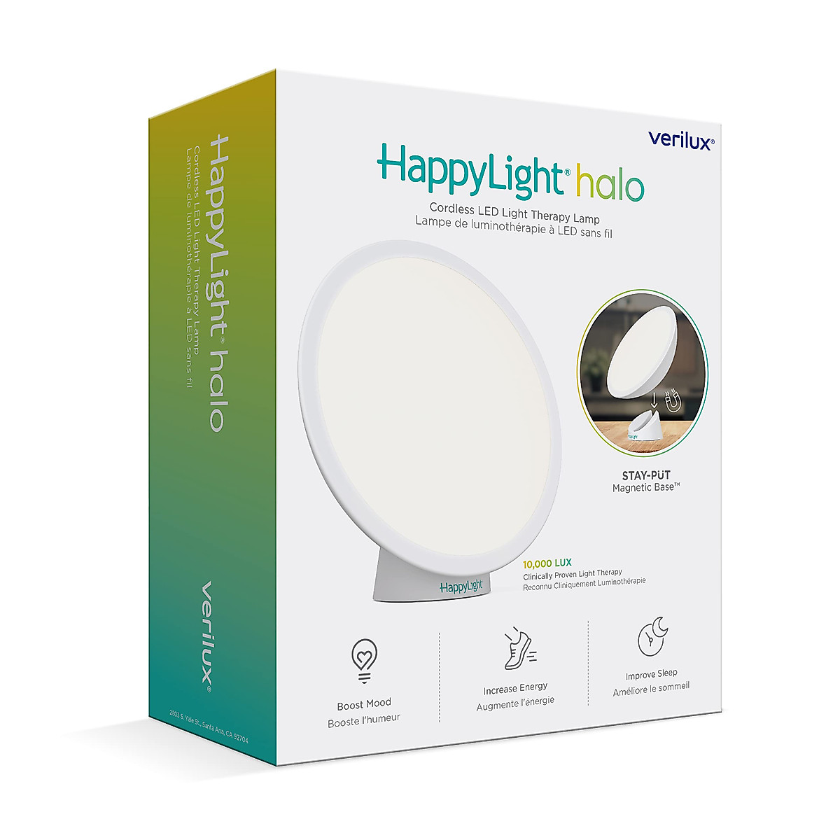 Verilux HappyLight Halo - Cordless LED Light Therapy Lamp with a 360° Magnetic Base & Rechargeable Battery for Portable, UV-Free, Full Spectrum 10,000 LUX Light with Adjustable Brightness and Color