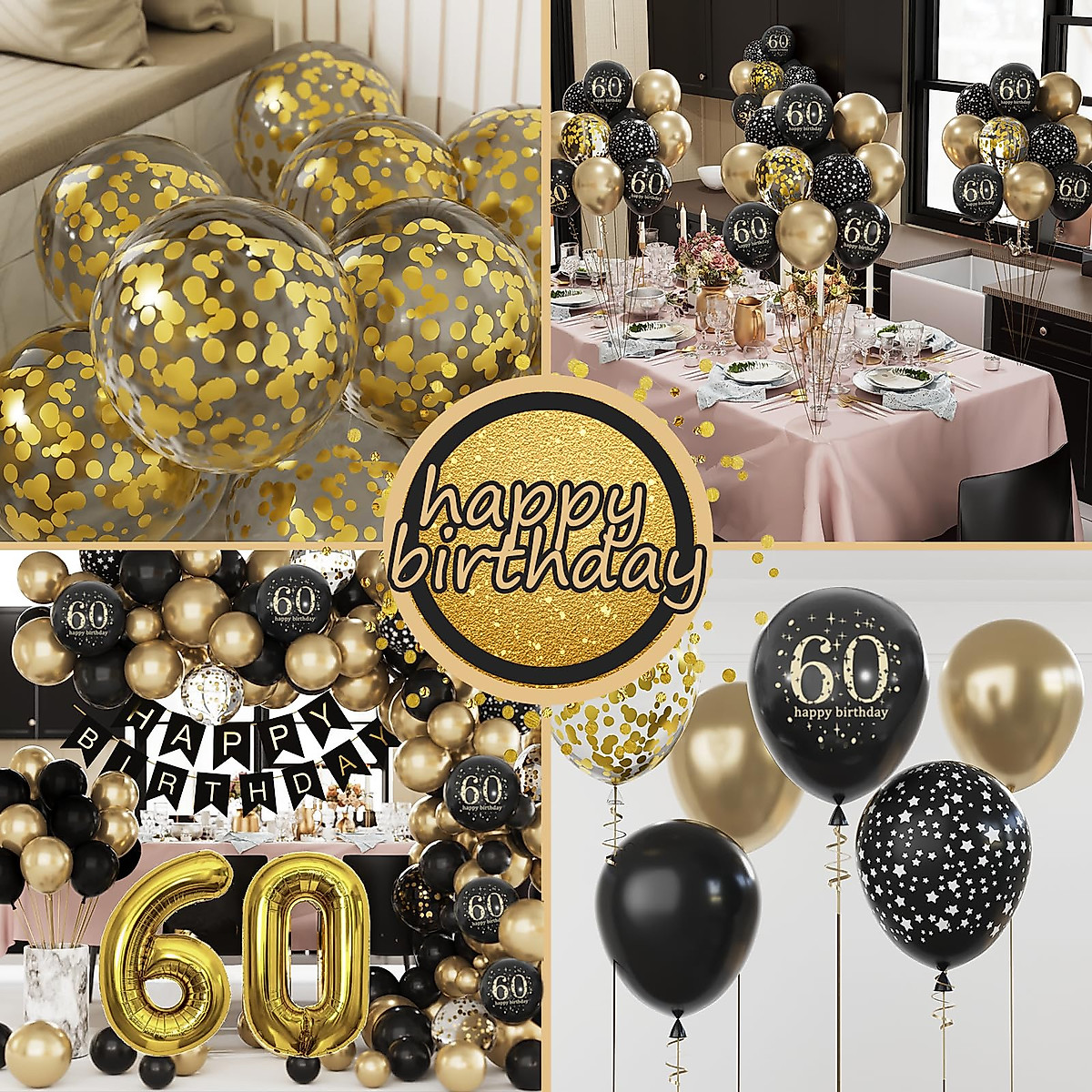 60th Birthday Decorations for Men Women, Black and Gold 60th Birthday Balloons Set Party Decorations with Happy 60th Birthday Decorations Banner，Black Gold Decor for 60th Birthday Party