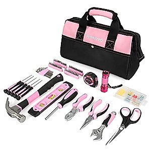 WORKPRO Pink Tool Kit, Home Repairing Tool Set with Wide Mouth Open Storage Bag, Household Tool Kit - Pink Ribbon