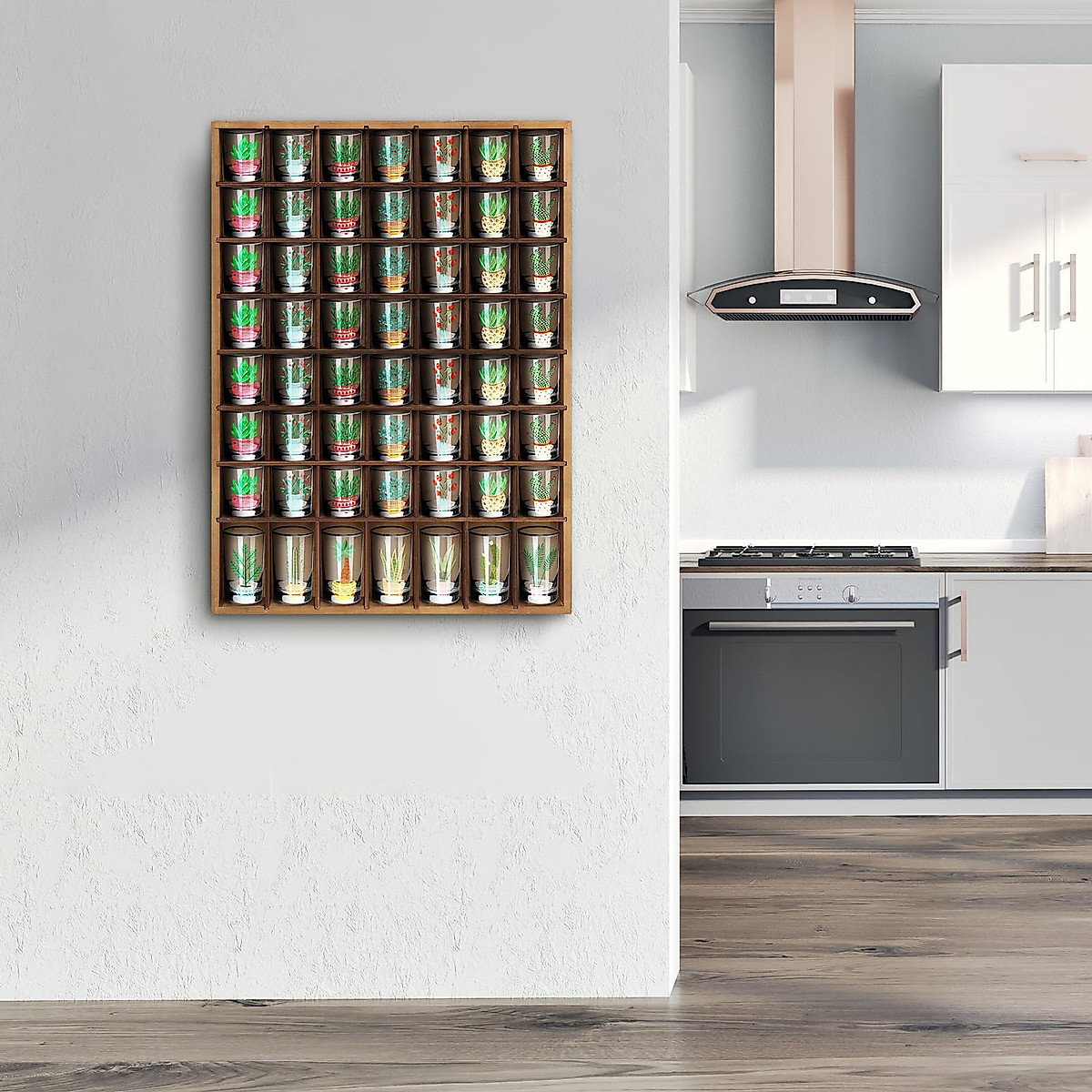 Barydat Shot Glass Display Case Wood Shot Glass Holder 56 Compartments Shot Glass Shelf Wall-Mounted Rustic Glass Bar Cabinet(Brown, 2 Pcs)