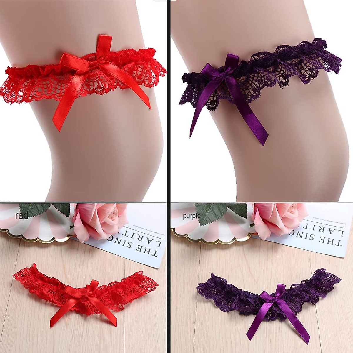 5 Pairs Lace Wedding Garter Bridal Lace Floral Bowknot Garter Ribbon Belt Leg Ring for Women Girls Favor with 1 Pairs Stocking Buckle