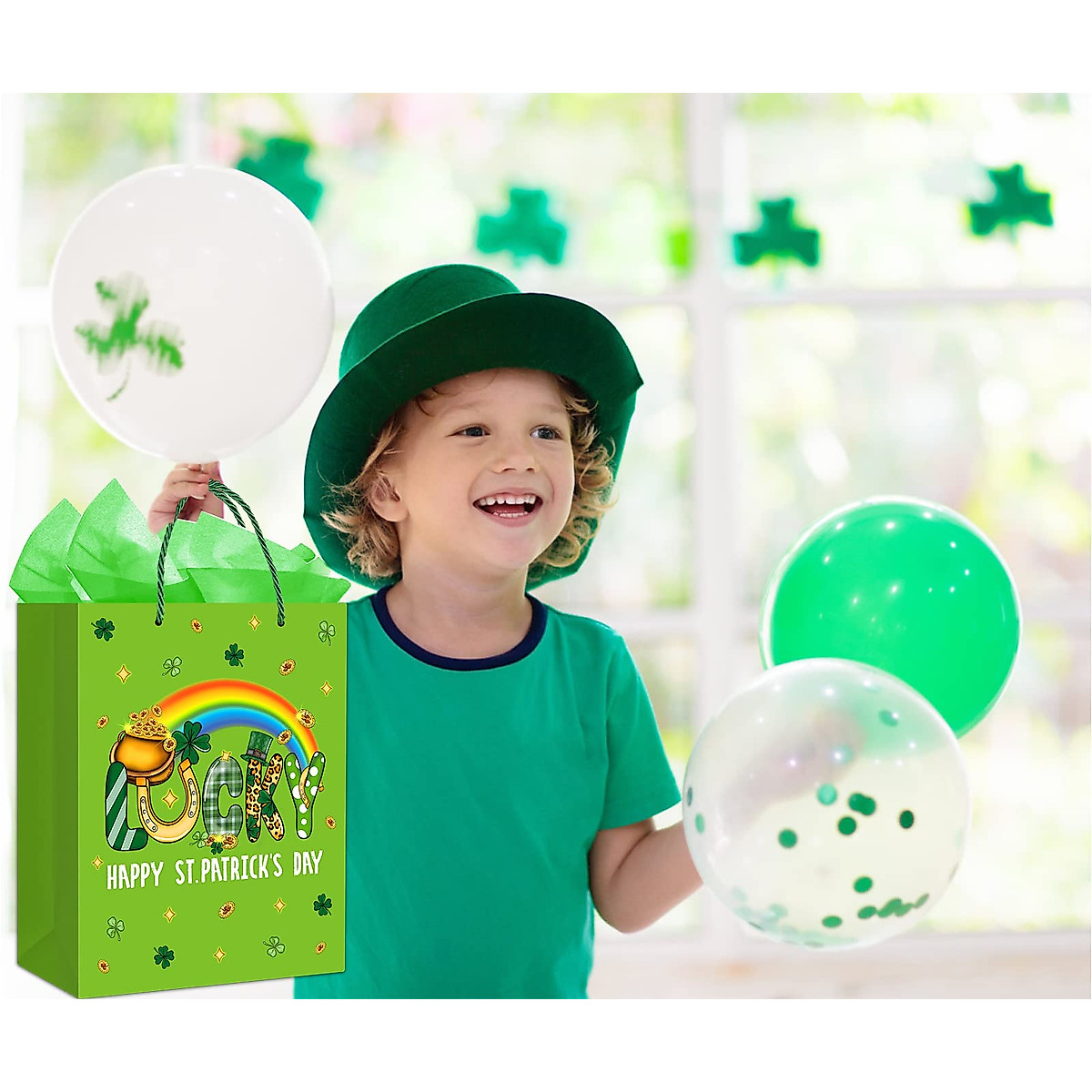 WhatSign St.Patricks Day Gift Bags with Handle 11.5" Happy St.Patrick's Day Gift Bags Shamrock Lucky Paper Gifts Bags with Tissue Paper Irish Clover Gift Wrap Bags St Patricks Day Party Favor Supplies