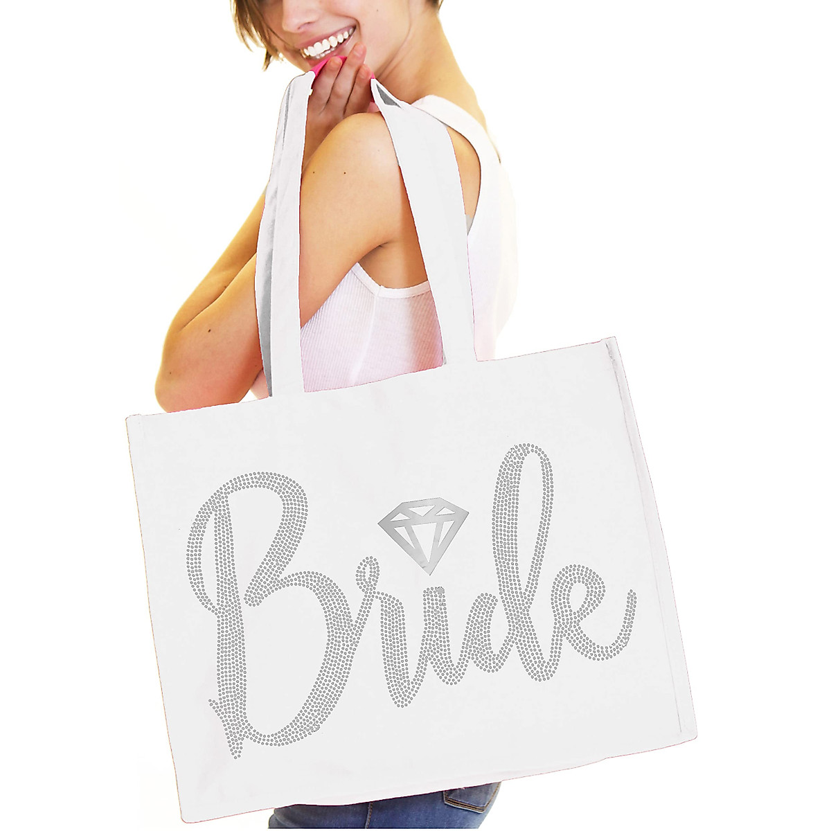 Bride Tote Bag, Bride Kit- Giant 18" x 14" Cotton Canvas White Totes with Diamond Motif Rhinestones, Engagement or Bridal Shower Gift & Accessories Bride Tote - White Tote(DiaBride RS) WHT