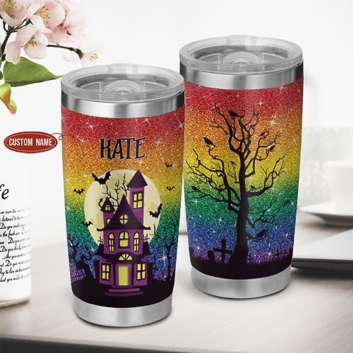 LIZZHOME Personalized Halloween Tumbler Witches 20 oz Travel Coffee Mug, Rainbow Glitter Haunted House Coffee Cups Halloween for Friends, Family, Fall & Halloween Tumbler