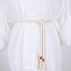 NONGFUGE Simple White Natural Cotton long Waist Rope Tie String Belt Medieval For Women Beach Dress Pants with Tassels Braided Woven