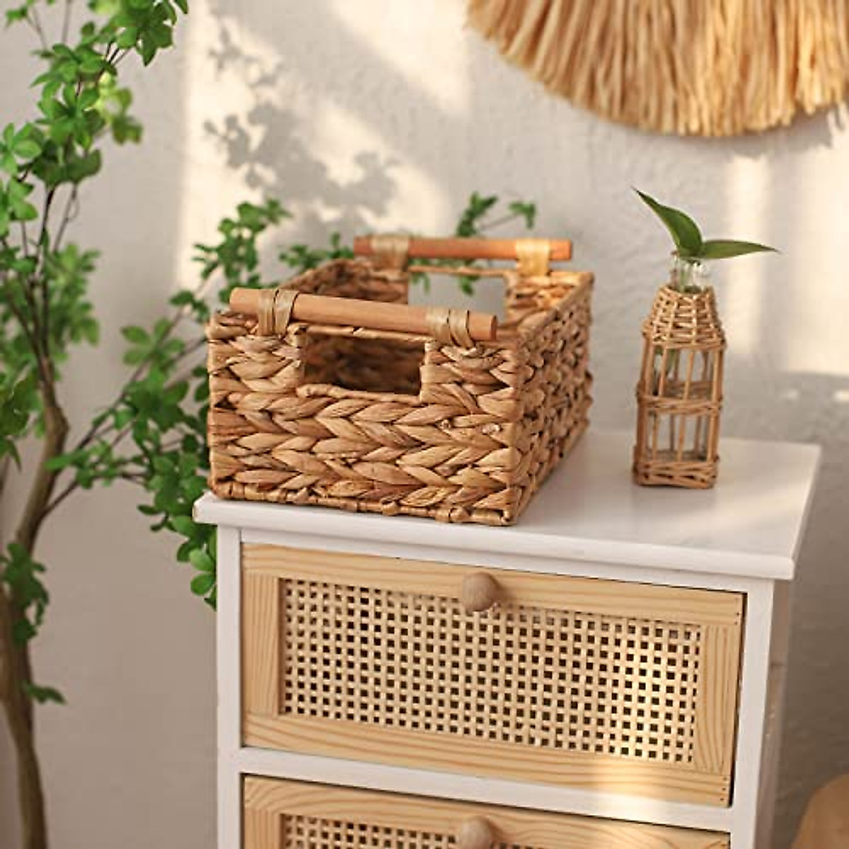 Water Hyacinth Storage Basket Hand-Woven Storage Baskets with Wooden Handle Decorative Wicker Storage Basket for Organizing Bathroom/Bedroom/Laundry Room/Pantry
