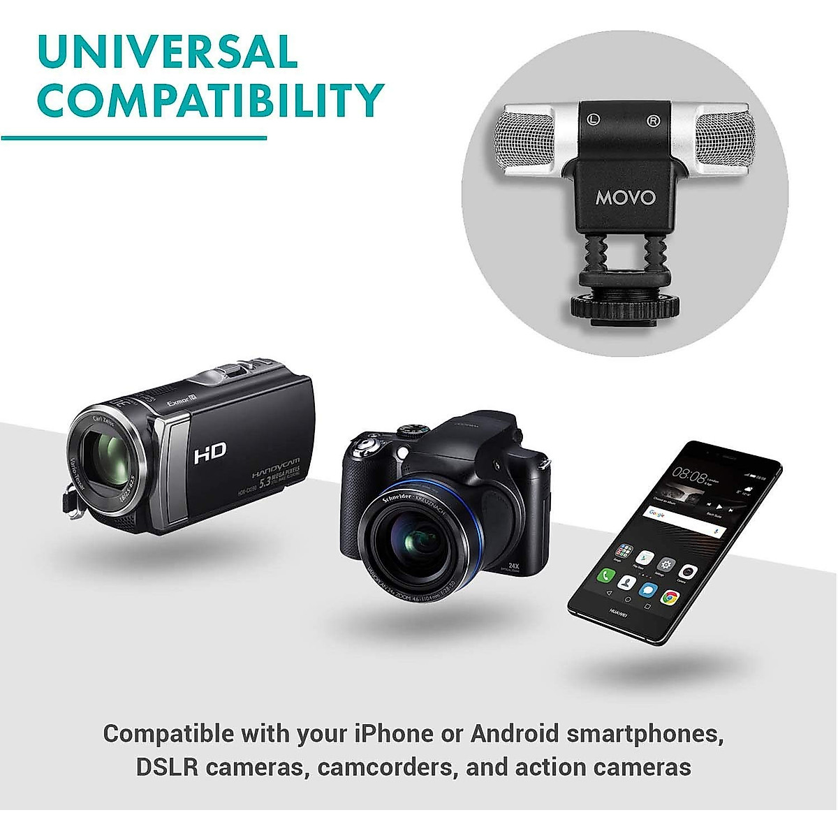 Movo VXR3000 Universal Stereo Microphone with Foam and Furry Windscreens and Travel Case - for iPhone and Android Smartphones, Canon EOS Nikon DSLR, and Action Cameras