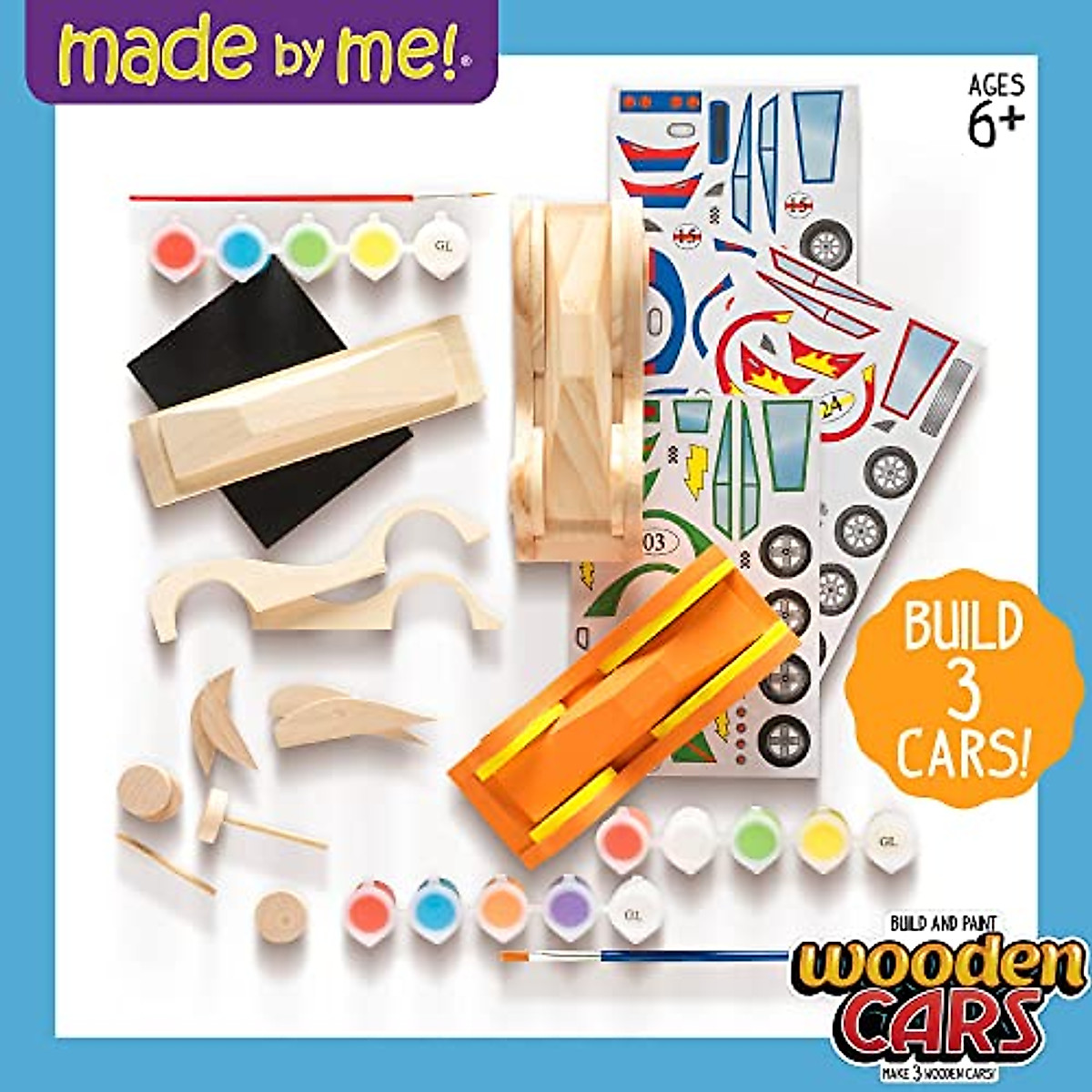 Made By Me Build & Paint Your Own Wooden Cars - DIY Wood Craft Kit, Easy to Assemble and Paint 3 Race Cars – Arts and Crafts Kit for Kids Ages 6 and Up, Multicolor