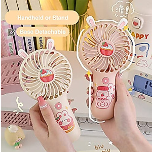 Kawaii Portable Fan with Stickers Kawaii Handheld Fan Kawaii Desk Fan with Standing Base Cute Small Personal Cooling Fan for Girls Room USB Power Rechargeable Fan Quiet Adjustable Airflow (Beige Bunny)