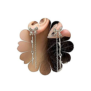 Sttiafay Vintage Bow Crystal Drop Earrings Silver Bar Dangle Earrings Long Crystal Bow Chain Earrings Cz Tassel Chain Earrings Jewelry for Women and Girls