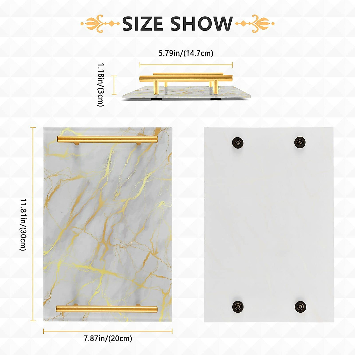 Vanity Tray White Marble with Golden Decorative Tray Bathroom Acrylic Jewelry Perfume Trays with Handle Makeup Dresser Cosmetic Bedroom Kitchen, 12x8 in