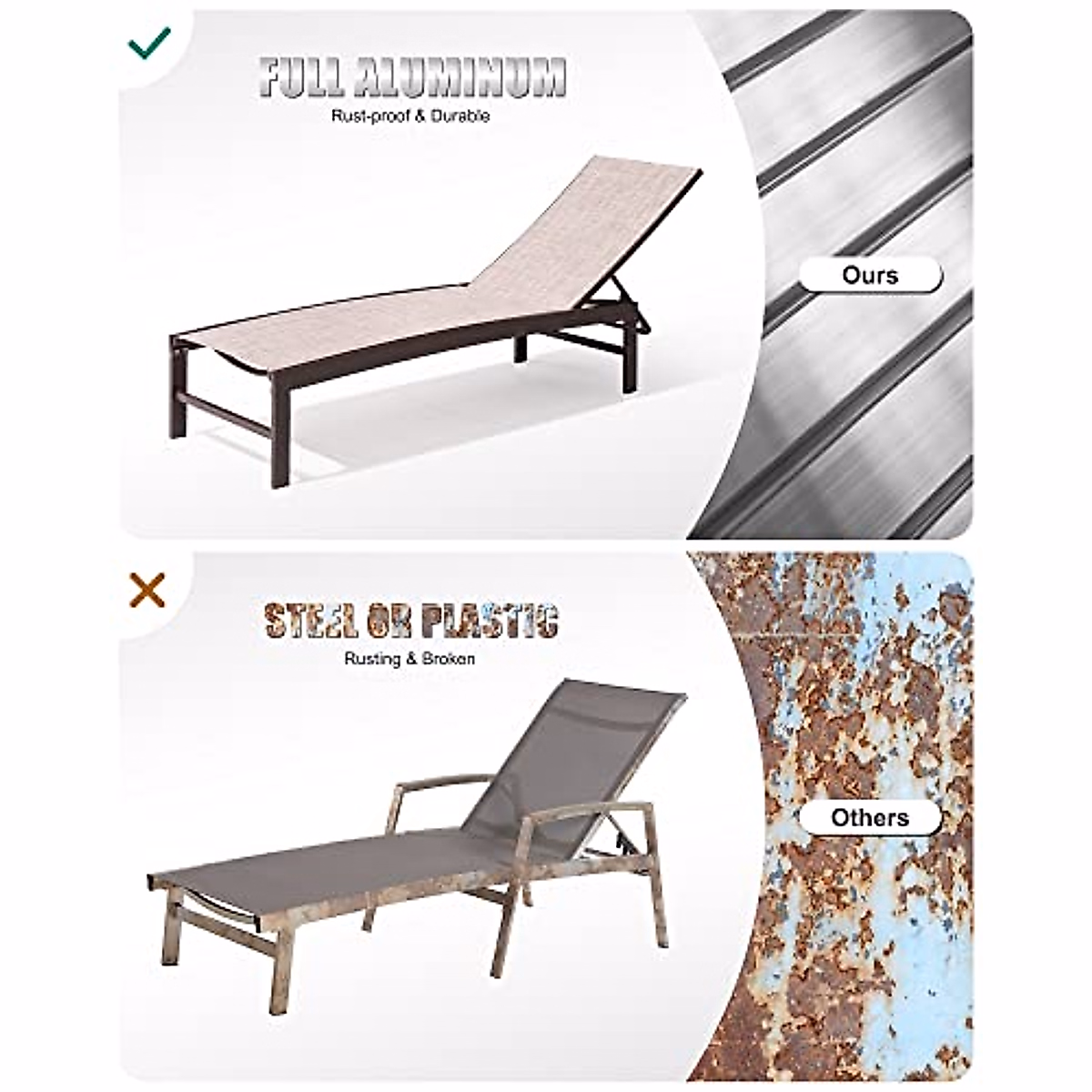 Crestlive Products Patio Chaise Lounge Set, 2PCS Outdoor Aluminum Lounge Chairs with 1PC Side Table, Adjustable Five-Position Recliner for Beach Pool Sunbathing Lawn, Yard (Beige)