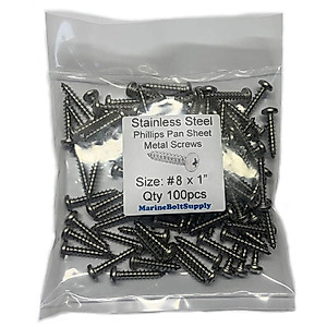 #8 x 1 Stainless Steel Pan Head Sheet Metal Screws, Full Thread, Phillips Drive, Bright Finish, Self-Tapping, Quantity 100 Pieces by Marine Bolt Supply