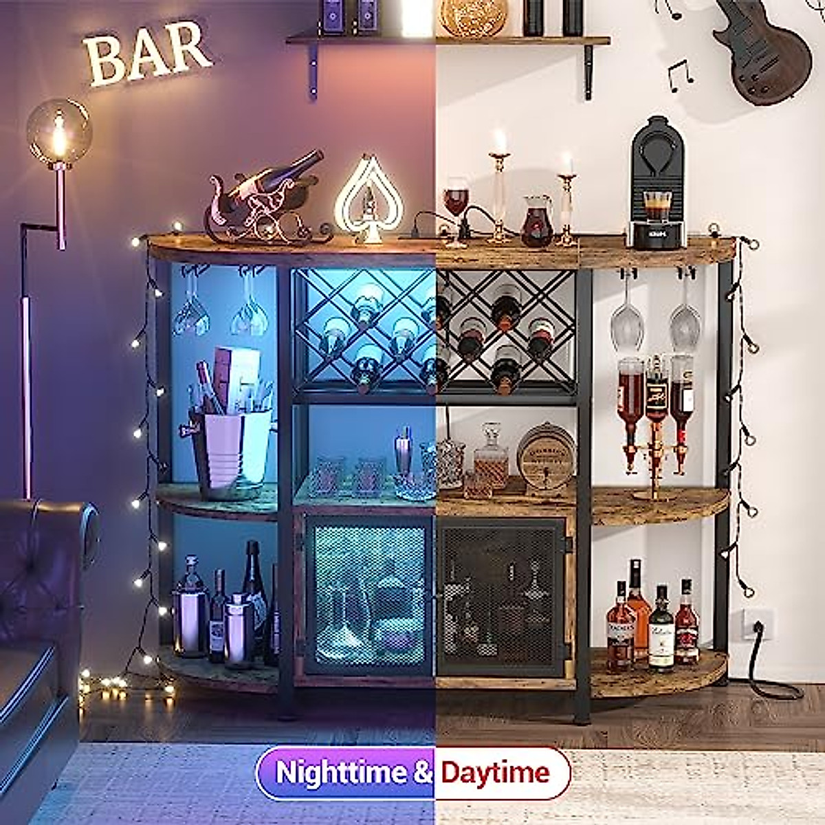 Unikito Freestanding Wine Bar Cabinet with LED Lights and Power Outlets, Industrial Coffee for Liquor Glasses, Mesh Door, Table Rack, Rustic Brown