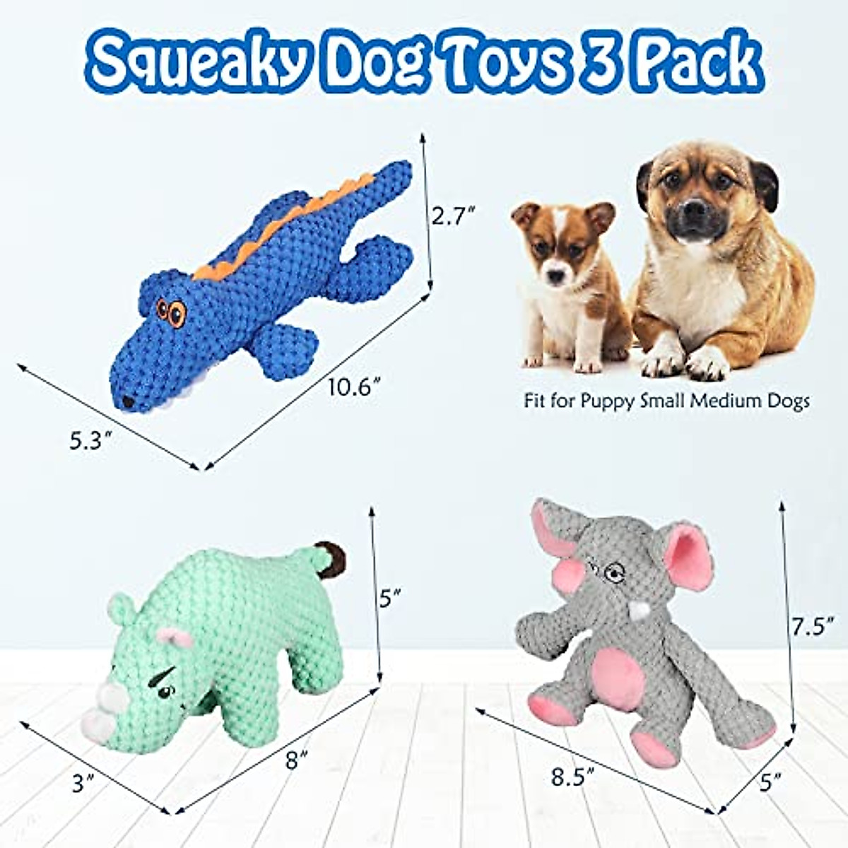 BWOGUE Squeaky Plush Dog Toys 3 Pack, Stuffed Dog Chew Toy with Squeaker and Crinkle Paper, Dog Toy Stuffed Animal for Teeth Cleaning for Small Medium Dogs and Puppy(3 Packs Animals Toys)