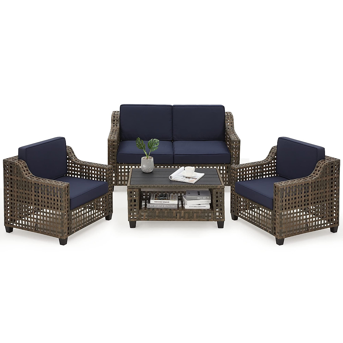 EROMMY 4 Pieces Patio Furniture Set Sofa Couch with Cushions and HDPE Table Top, Handwoven PE Wicker Rattan Patio Furniture Set for Patio, Garden, Yard, Pool, Brown and Blue