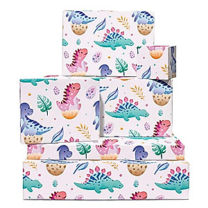 CENTRAL 23 Dinosaur Wrapping Paper - For Baby Boys and Girls - 6 Sheets Dinosaur Gift Wrap - For Birthday, Chritmas, Holiday, Baby Shower - Comes With Fun Stickers