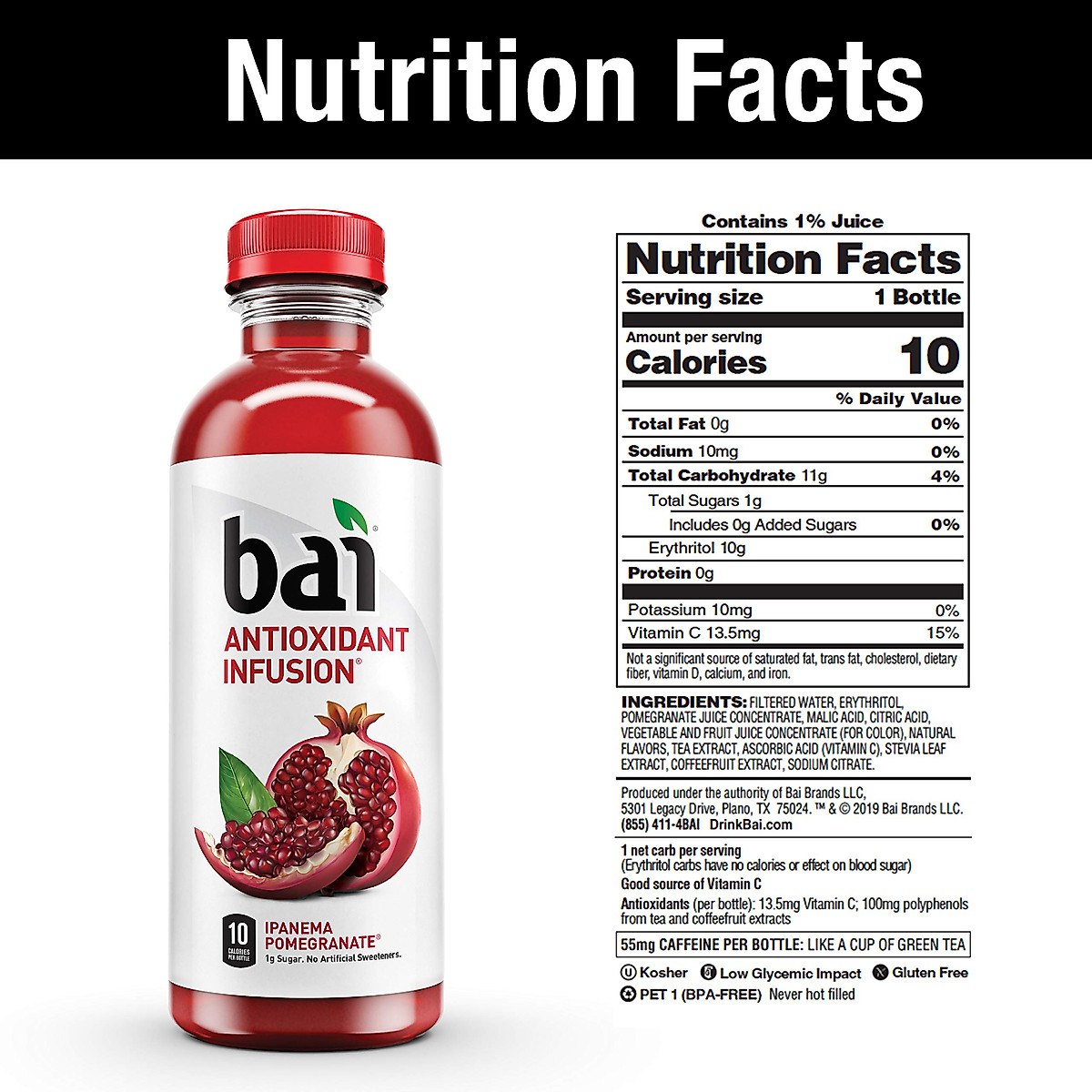 Bai Flavored Water, Ipanema Pomegranate, Antioxidant Infused Drinks, 18 Fluid Ounce Bottles, 6 Count