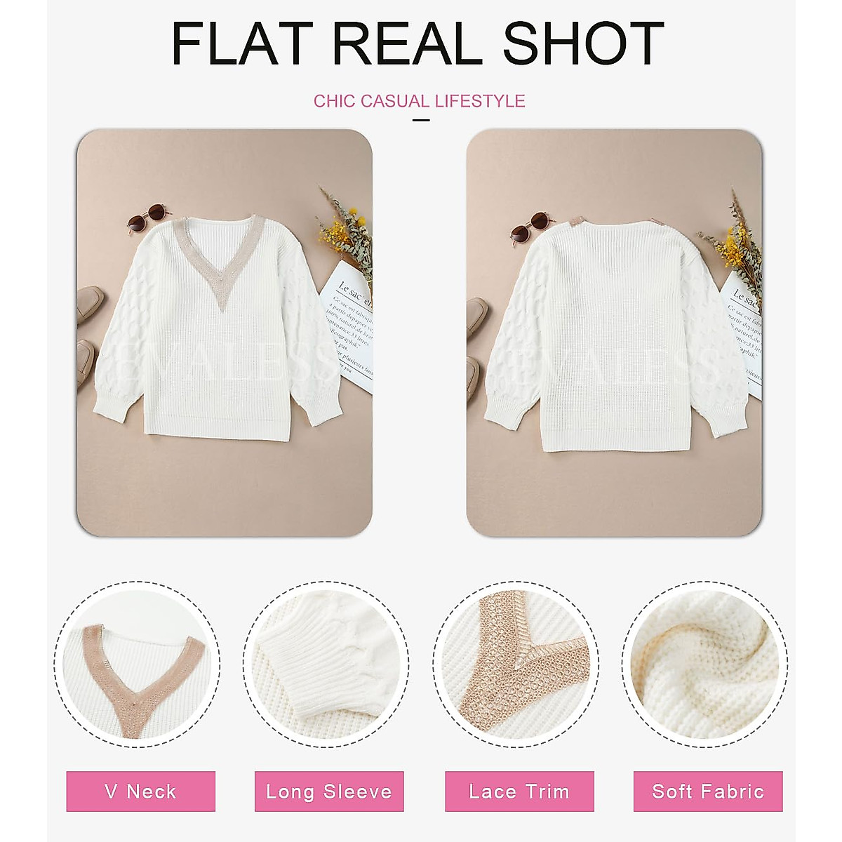 EVALESS Women's Long Sleeve Sweaters Fall 2024 Trendy Sexy Lace V Neck Knit Drop Shoulder Ladies Cute Winter Pullover Tunic Sweater Jumper Tops White Medium