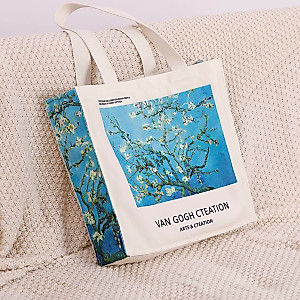 LZ Almond Blossom canvas tote bag aesthetic original design oil painting art for women girl reusable eco-friendly tote bag Van Gogh Series Canvas Tote Bag