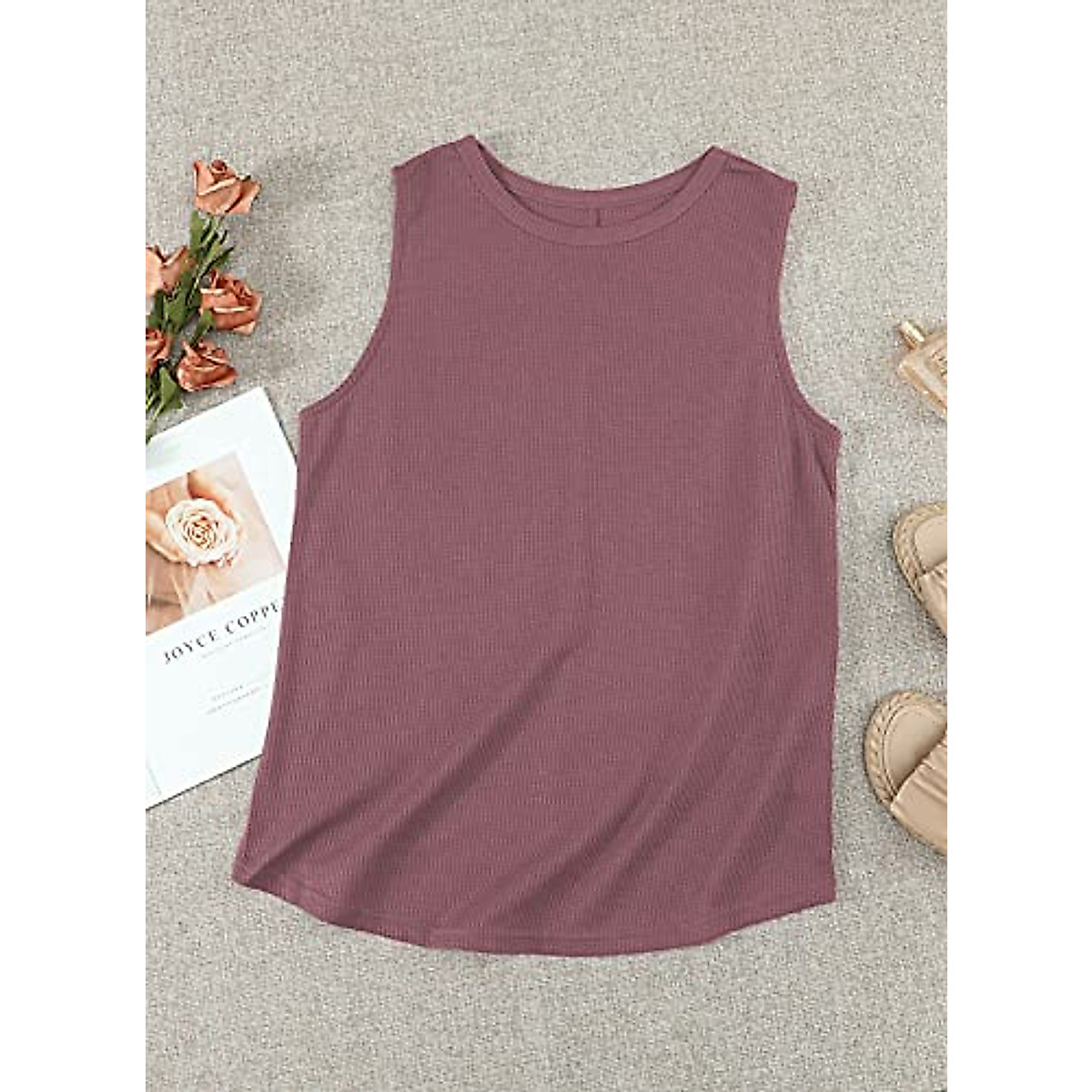 Dokotoo Womens Ladies Basic Solid Summer Casual Round Neck Waffle Knit Ribbed Loose Fit Long Tunic Tank Tops Sleeveless Shirts Cami Tops Blouses Tees Vest Wine Large