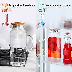 2 Pcs Glass Pitcher Water Pitcher with Lid Hot Cold Water Pitcher Bedside Water Carafe with Handle Heat Resistant Borosilicate Glass Jug for Fridge Beverage Carafe (68 oz,Stainless Steel, Bamboo)