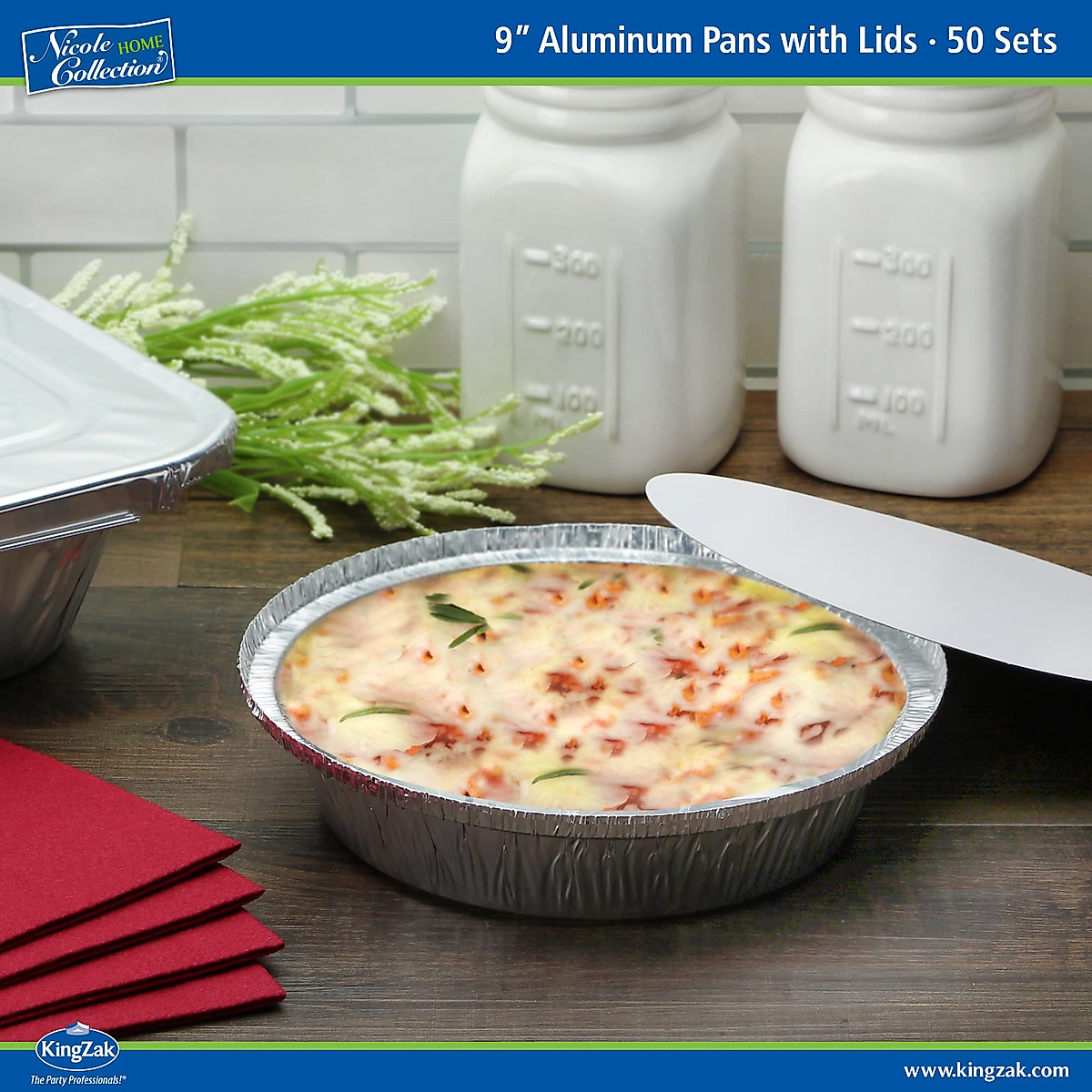 Nicole Home Collection Aluminum Pans 9” Round Disposable Foil Pans With Lids (50 Pack) – 9 Inch Round Disposable Takeout Pans With Board Lids (9" Inch Round)