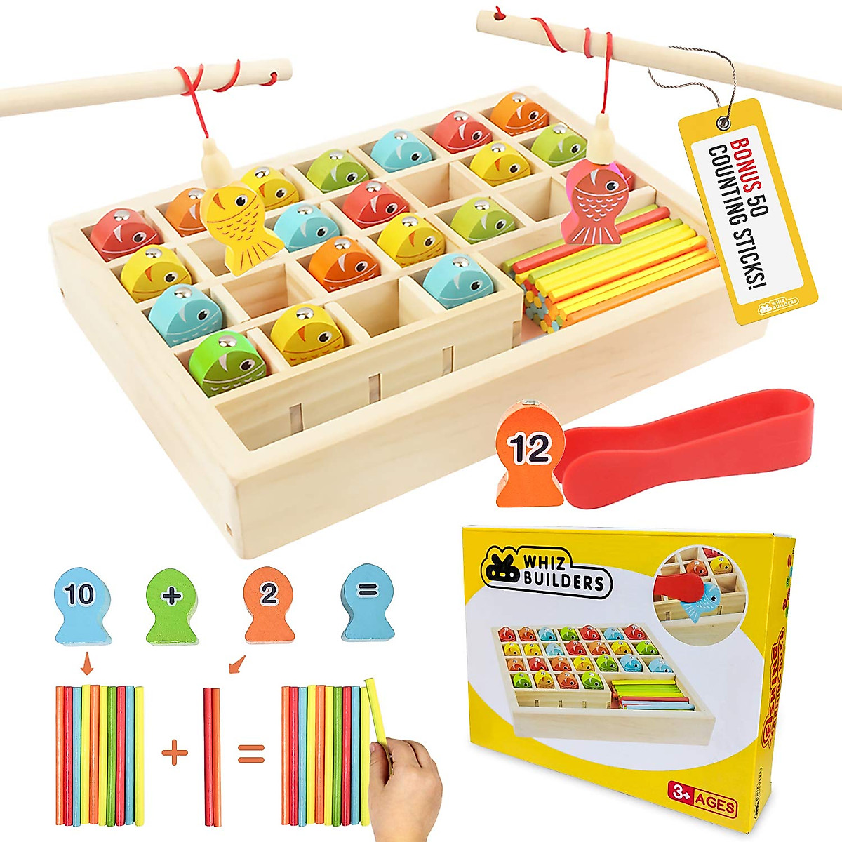 Magnetic Wooden Fishing Game For Kids, Math and Counting Toy Board Games For Toddlers & Kids Ages 3 4 5 Educational Preschool Montessori STEM Learning Kindergarten For Girls and Boys with Magnet Poles