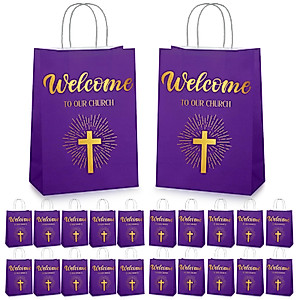 Chuangdi 50 Pcs Church Welcome Gift Bags Christmas Christian Paper Bags Welcome to Our Church Bags Religious Bags with Handles for Church Guest Baptism Birthday Church Party,5.9 x 3.15 x 8.27 Inch(Purple)