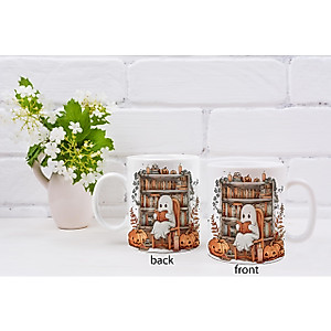 QASHWEY Halloween Reading Ghost Mug, Halloween Coffee Mug, Fall Book Lovers Gifts Mug, Halloween Themed Mug Tea Cup Gifts for Reading Lovers, Fall Bookish Ghost Halloween Coffee Cups Ceramic 11oz